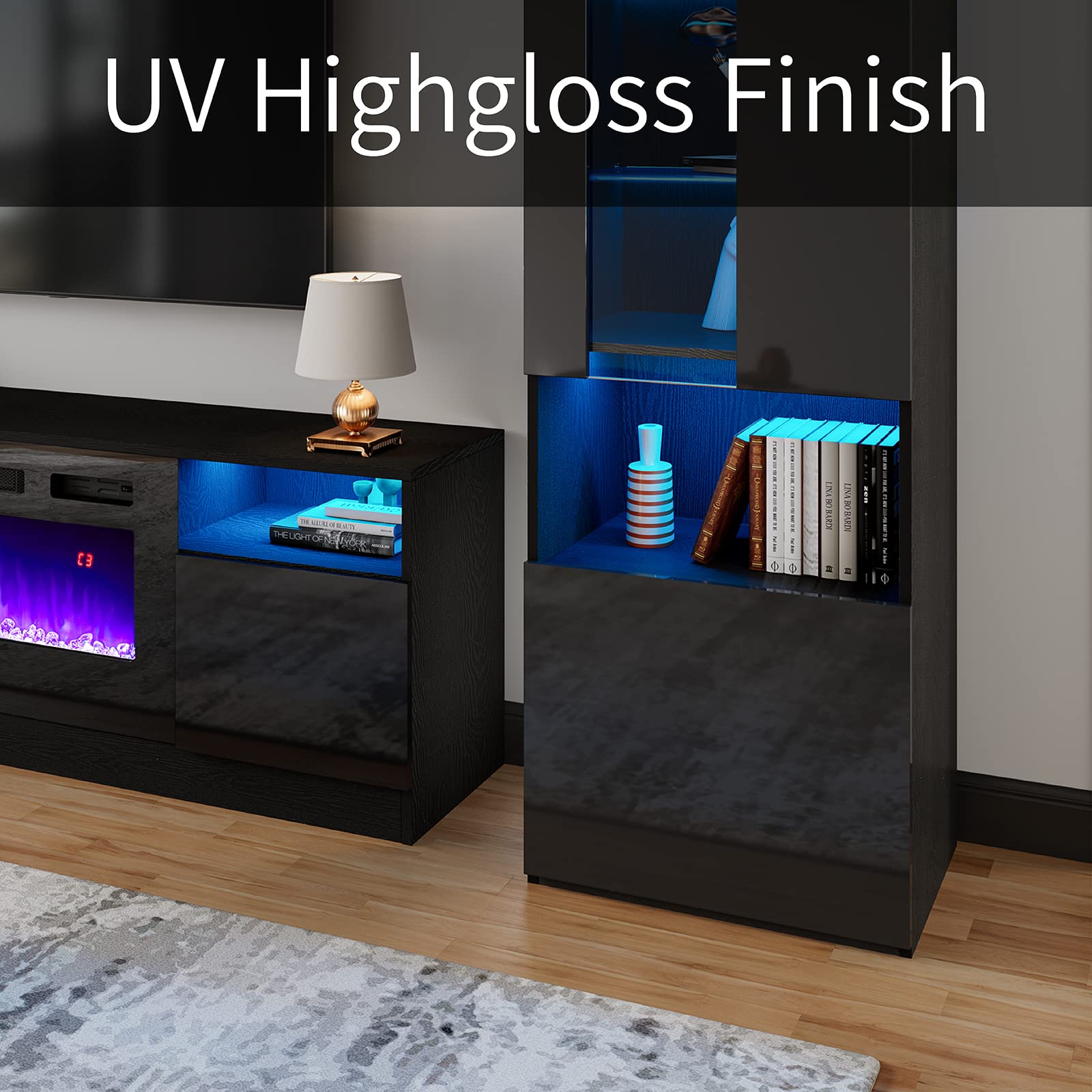 AMERLIFE Fireplace Entertainment Center Set, Includes 70" Fireplace TV Stand & 2 LED Highgloss Bookcases, Modern Storage Cabinets for TVs up to 80", Black