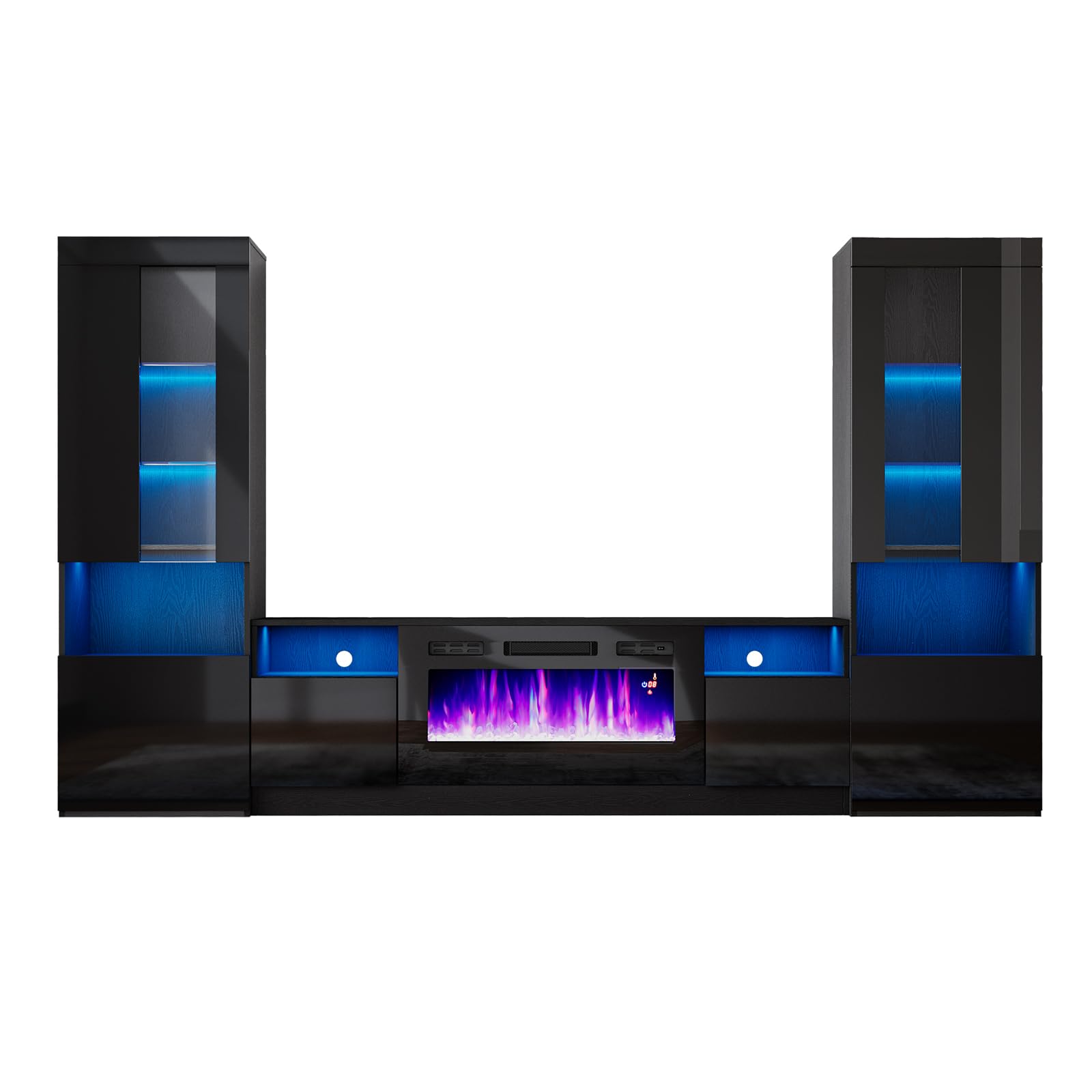 AMERLIFE Fireplace Entertainment Center Set, Includes 70" Fireplace TV Stand & 2 LED Highgloss Bookcases, Modern Storage Cabinets for TVs up to 80", Black