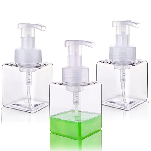 Hethyo Foaming Soap Dispenser 3 Pcs 250ml/8.5oz Square Refillable Plastic Hand Pump Bottle for Liquid Soap Shampoo Body Wash (Clear)