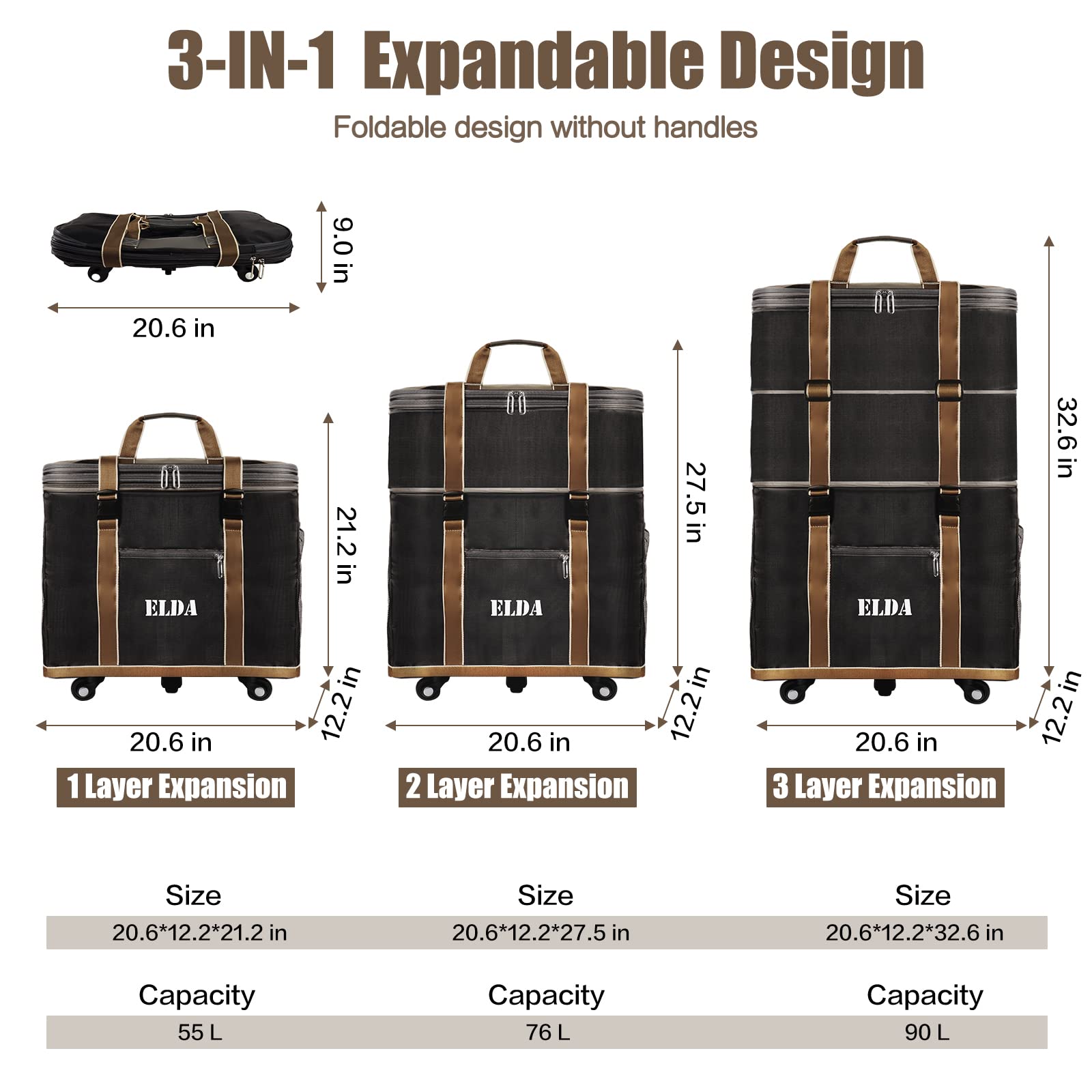 ELDA Expandable Foldable Luggage Suitcase Large Capacity Duffel Bag with Wheels Lightweight Collapsible Rolling Travel Suitcases for Men Women