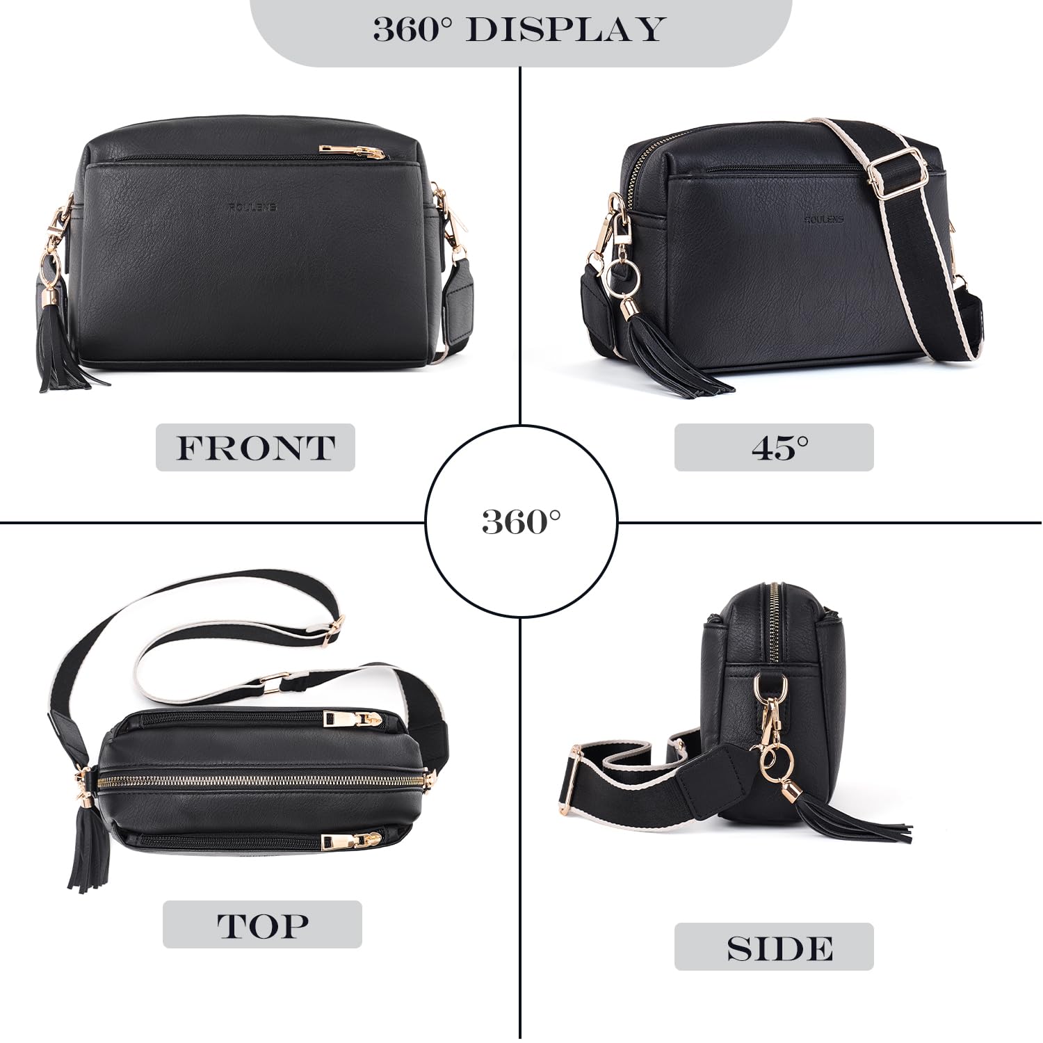 Roulens Triple Zip Small Crossbody Bag for women,Wide Strap Cell Phone Purse Shoulder Handbag Wallet with Credit Card Slots
