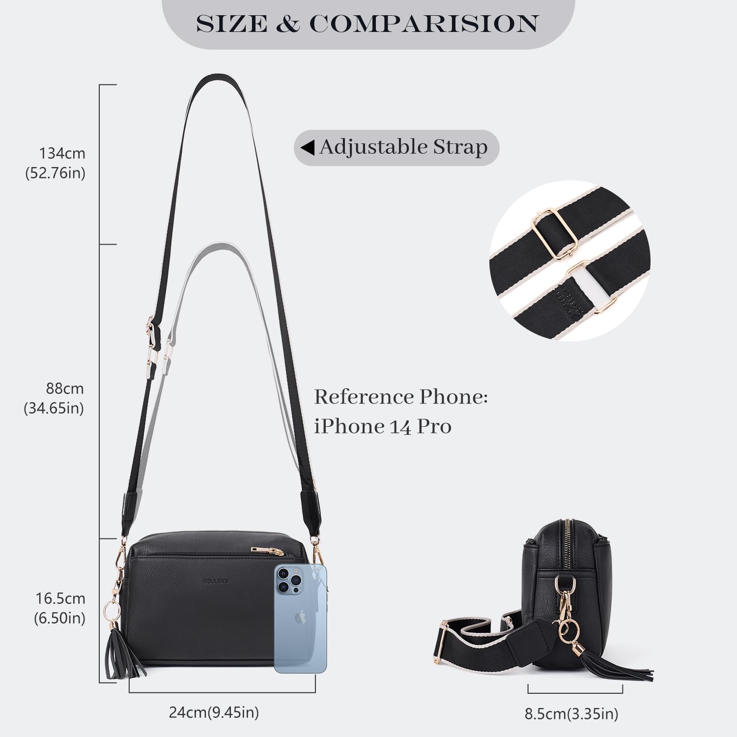 Roulens Triple Zip Small Crossbody Bag for women,Wide Strap Cell Phone Purse Shoulder Handbag Wallet with Credit Card Slots