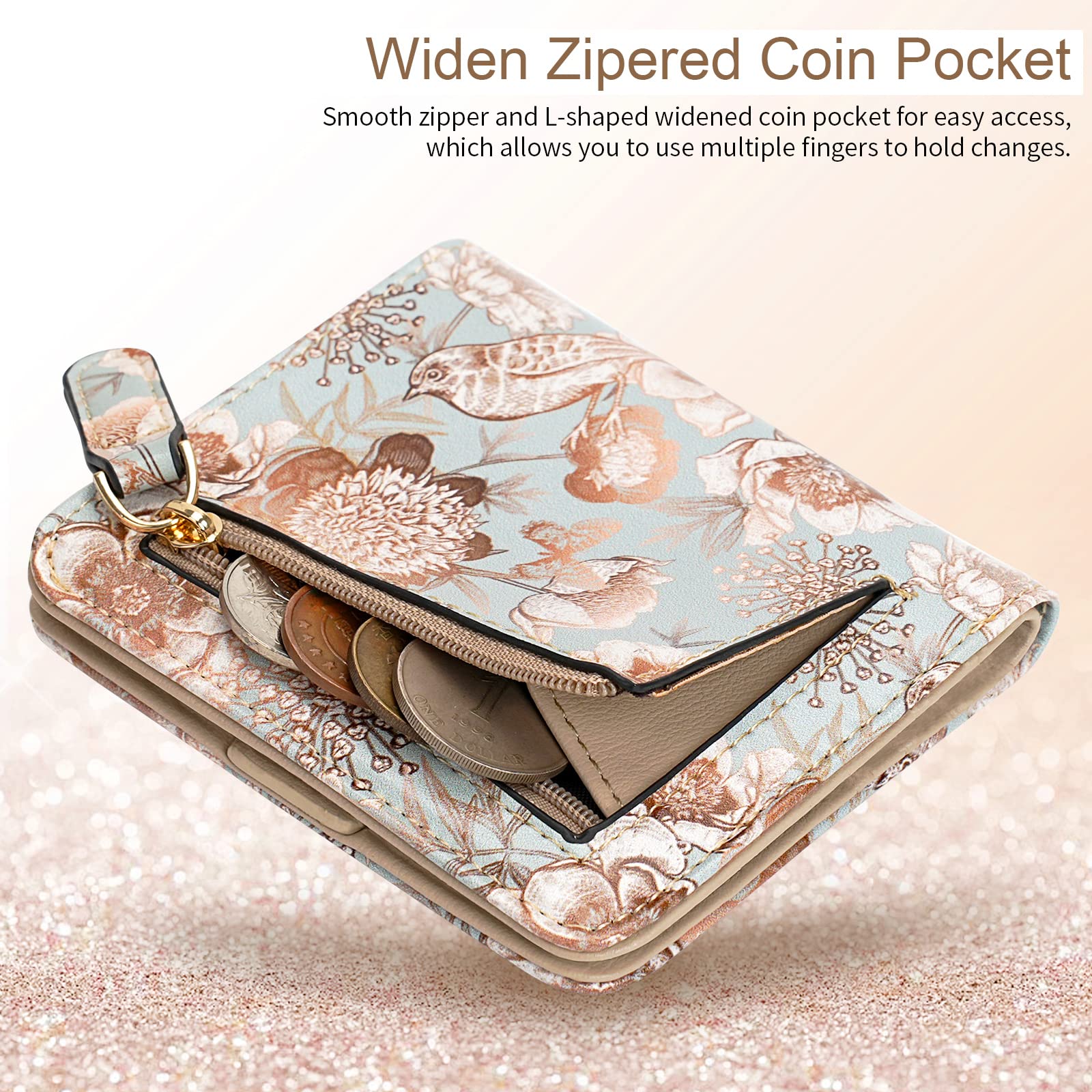APHISON Womens Wallet, Slim Small Wallet for Women RFID Wallet Women Cartoon Microfiber Leather with ID Credit Card Holder Zipper Coin Pocket Bifold Compact Wallet Bird