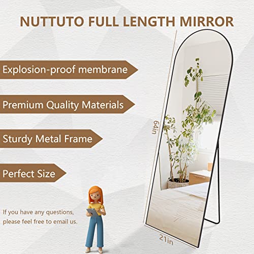 NUTTUTO 64"×21" Arched Floor Full Length Mirror with Black Aluminum Alloy Frame, Full Length Body Mirror Free-Standing or Leaning Against Wall for Bedroom Living Room