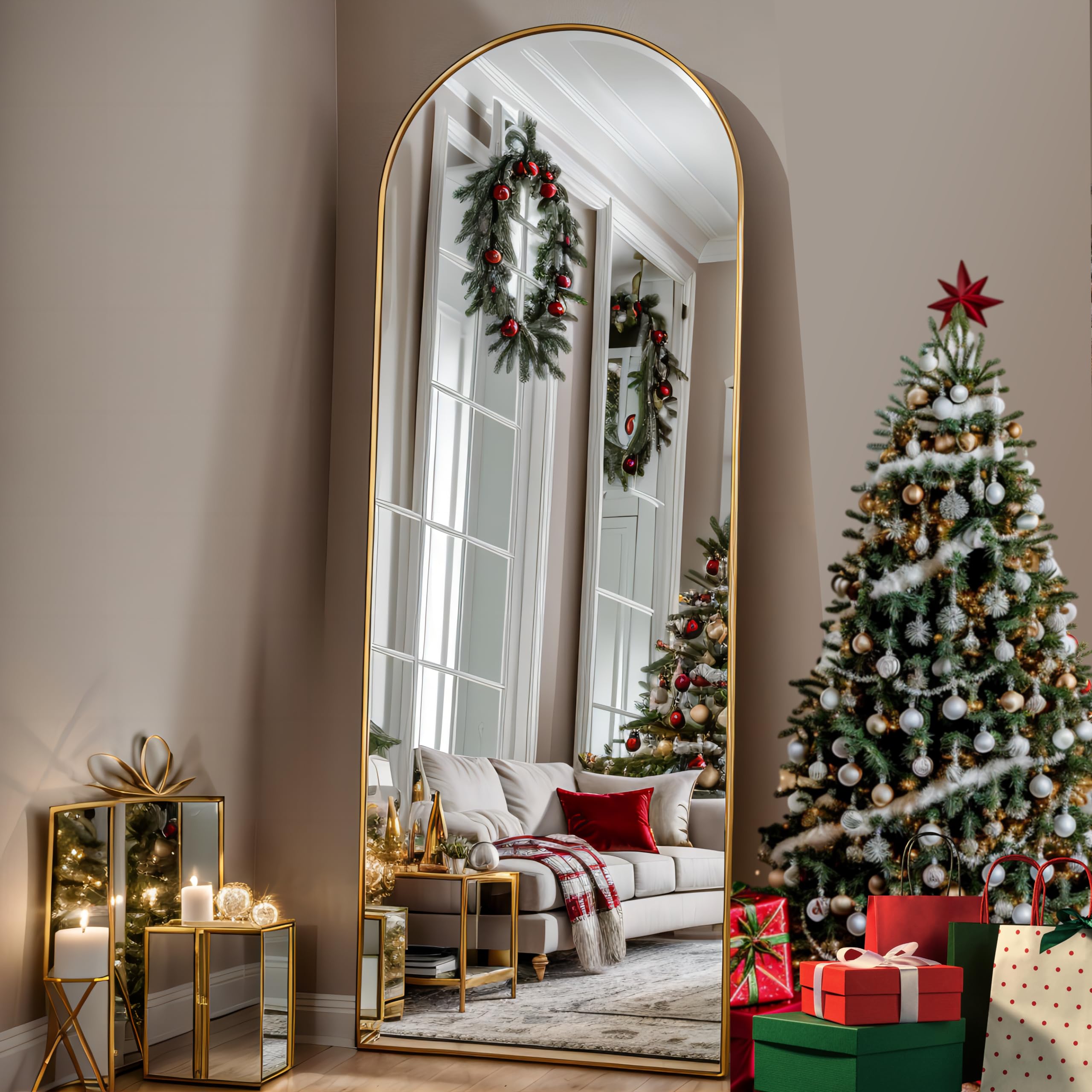 NUTTUTO 64"×21" Arched Full Length Mirror, Floor Mirrors with Aluminum Alloy Frame, Wall-Mounted Full Length Body Mirror Free-Standing or Leaning Against Wall for Bedroom Living Room, Gold