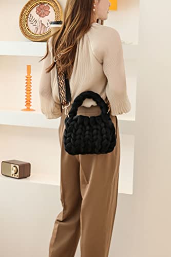Maral Hand Knit Chunky Yarn Shoulder Bag For Women, Finger Crochet Hand Bag, Washable (Velvet Black)