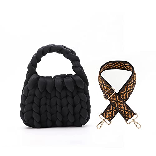 Maral Hand Knit Chunky Yarn Shoulder Bag For Women, Finger Crochet Hand Bag, Washable (Velvet Black)