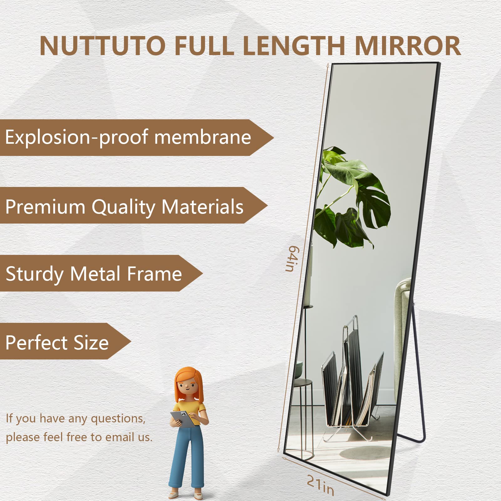 NUTTUTO Full Length Floor Mirror with Black Aluminum Alloy Frame, 64"x21"
