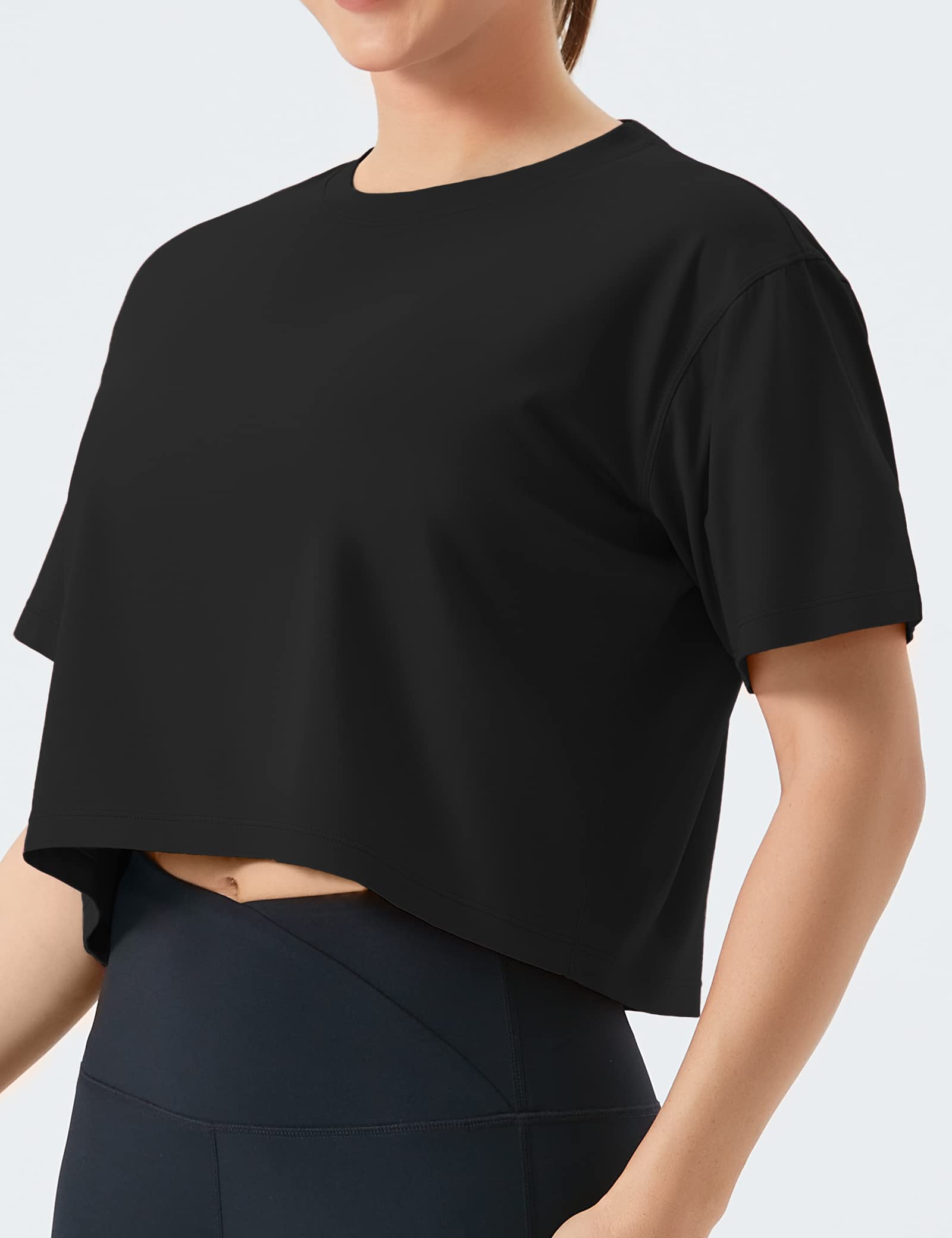 THE GYM PEOPLE Women's Workout Crop Top T-shirt Short Sleeve Boxy Yoga Running Cropped Basic Tee Black
