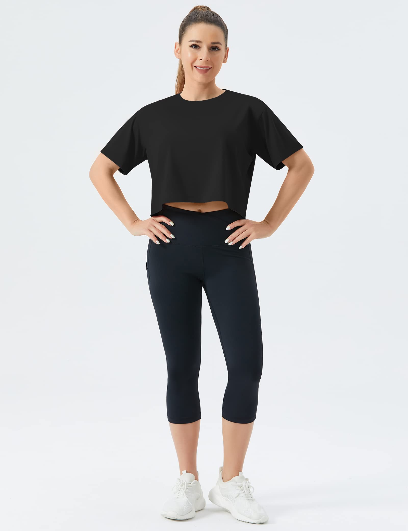 THE GYM PEOPLE Women's Workout Crop Top T-shirt Short Sleeve Boxy Yoga Running Cropped Basic Tee Black