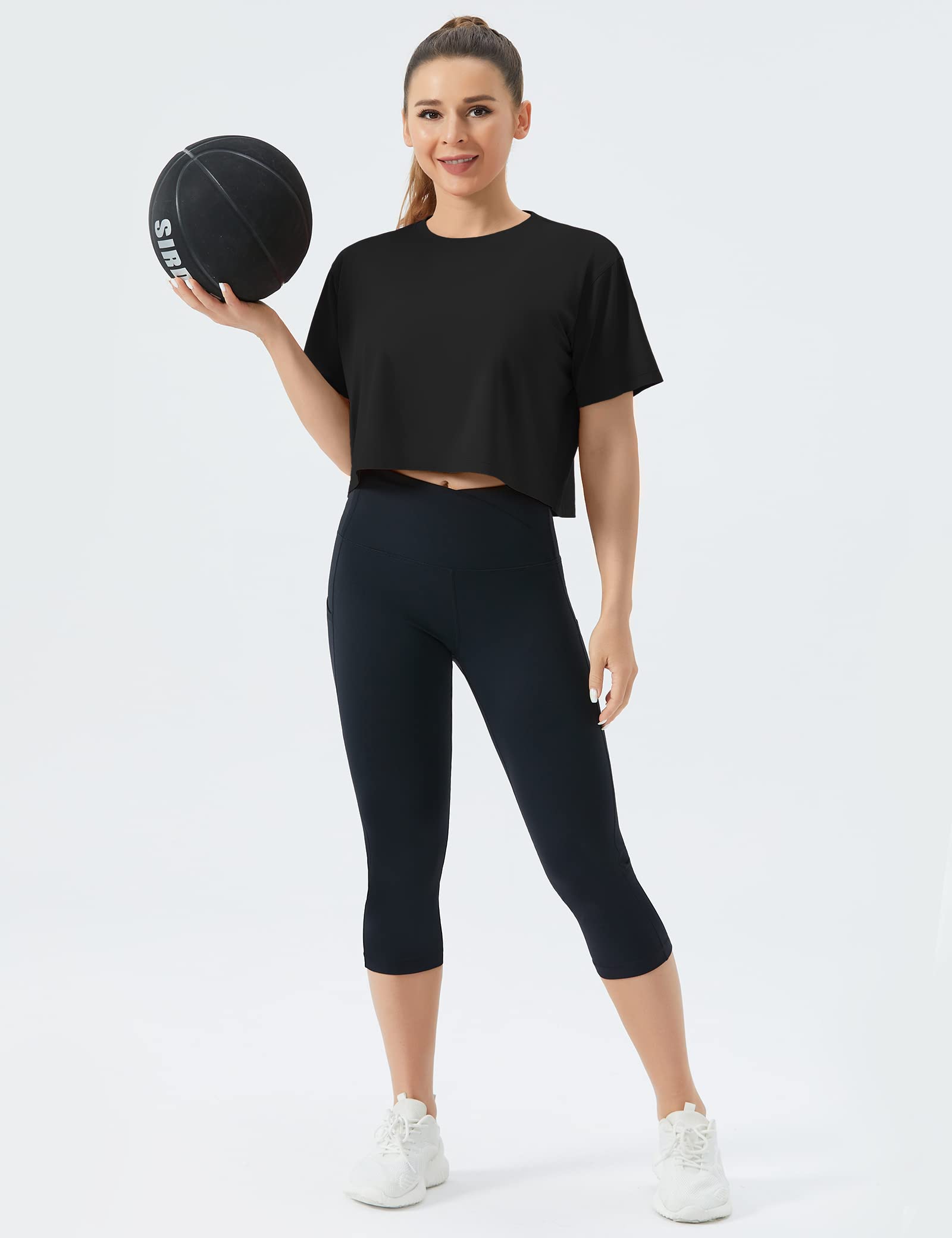 THE GYM PEOPLE Women's Workout Crop Top T-shirt Short Sleeve Boxy Yoga Running Cropped Basic Tee Black