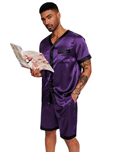 Ekouaer Silk Pajamas for Men Satin Pajama Shorts 2 Piece Button Down Pj Set V Neck Sleepwear Loungewear with Pockets S-XXL Purple