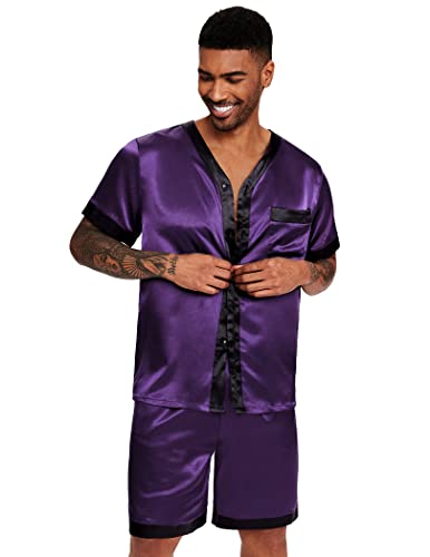 Ekouaer Silk Pajamas for Men Satin Pajama Shorts 2 Piece Button Down Pj Set V Neck Sleepwear Loungewear with Pockets S-XXL Purple