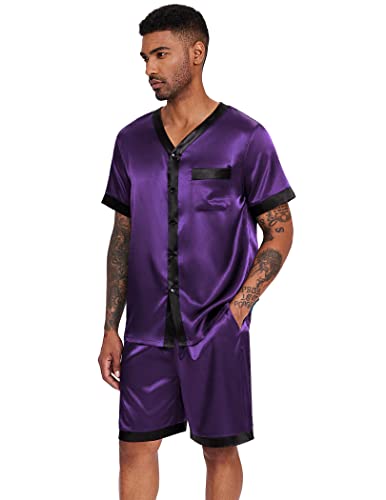 Ekouaer Silk Pajamas for Men Satin Pajama Shorts 2 Piece Button Down Pj Set V Neck Sleepwear Loungewear with Pockets S-XXL Purple