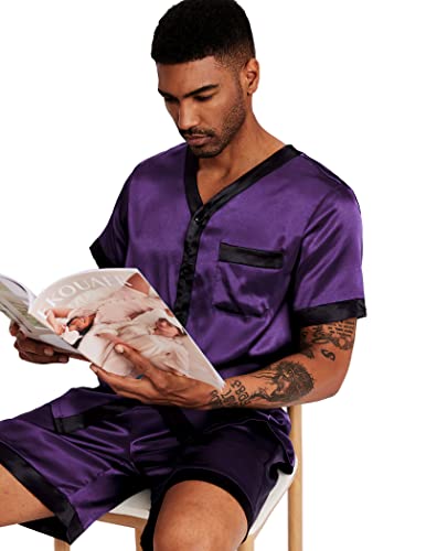 Ekouaer Silk Pajamas for Men Satin Pajama Shorts 2 Piece Button Down Pj Set V Neck Sleepwear Loungewear with Pockets S-XXL Purple