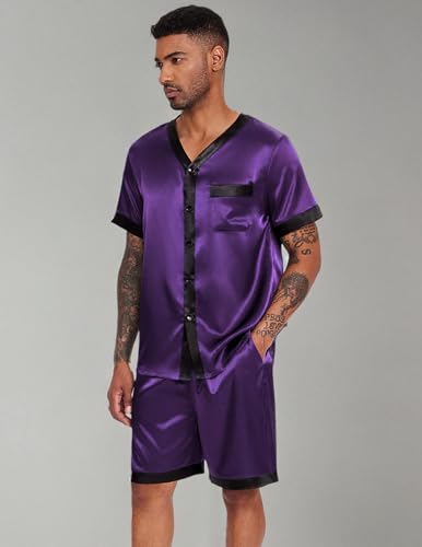 Ekouaer Silk Pajamas for Men Satin Pajama Shorts 2 Piece Button Down Pj Set V Neck Sleepwear Loungewear with Pockets S-XXL Purple
