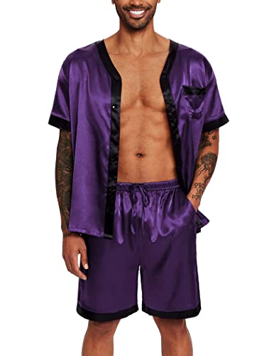 Ekouaer Silk Pajamas for Men Satin Pajama Shorts 2 Piece Button Down Pj Set V Neck Sleepwear Loungewear with Pockets S-XXL Purple