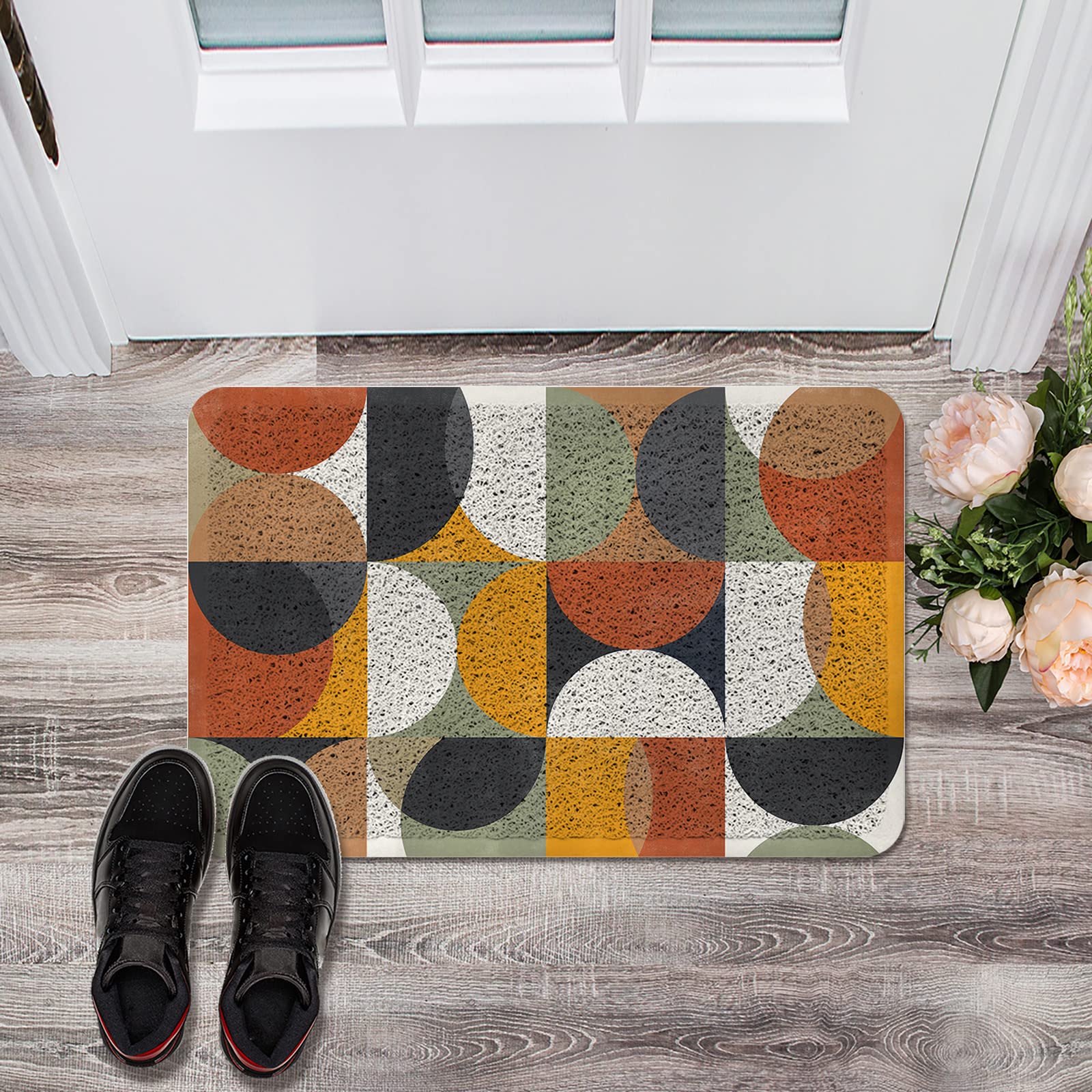 Fantasy Staring Mid Century Modern Outdoor Indoor Entrance Doormat Retro Orange Yellow Green Abstract Geometry Front Welcome Door Mats Inside Outside Rugs, Waterproof Non Slip and Durable 24" x 35"
