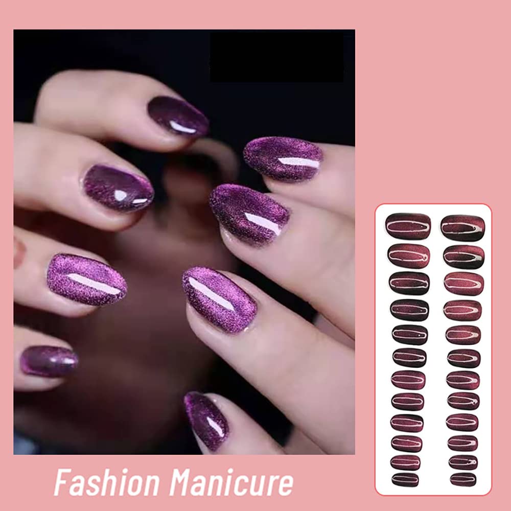 Purple Cat Eye Press on Nails Medium Length Round False Nails 24 Pcs Dark Purple Glossy Glue on Nails Color Changing with Light Luxury Acrylic Fake Nails for Women Girls
