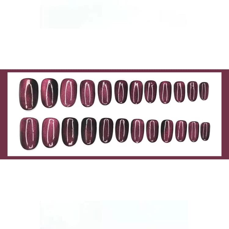 Purple Cat Eye Press on Nails Medium Length Round False Nails 24 Pcs Dark Purple Glossy Glue on Nails Color Changing with Light Luxury Acrylic Fake Nails for Women Girls