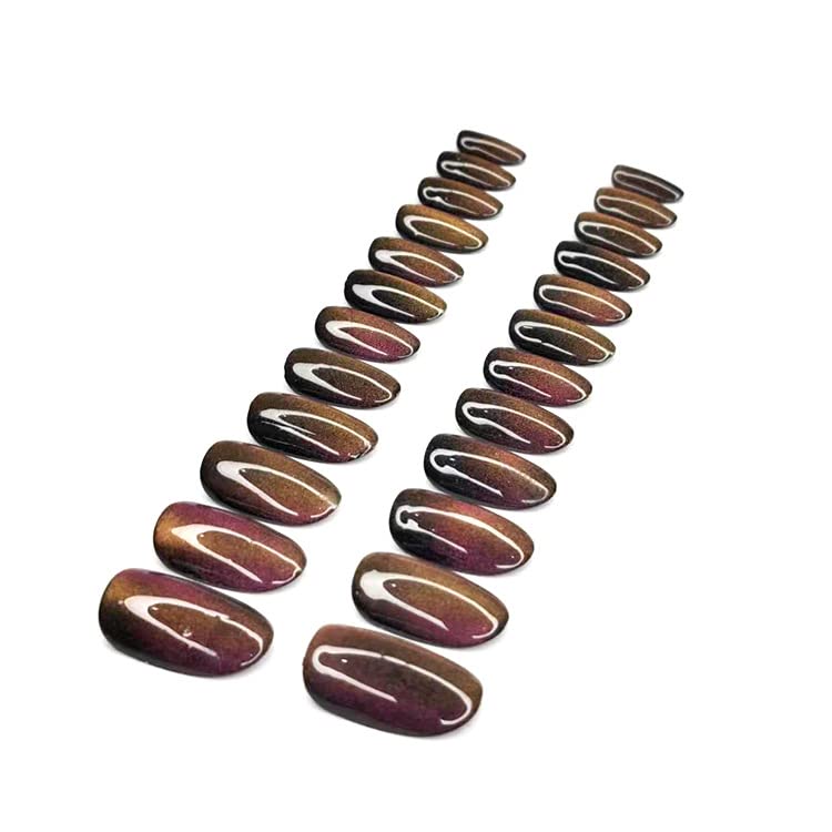 Purple Cat Eye Press on Nails Medium Length Round False Nails 24 Pcs Dark Purple Glossy Glue on Nails Color Changing with Light Luxury Acrylic Fake Nails for Women Girls