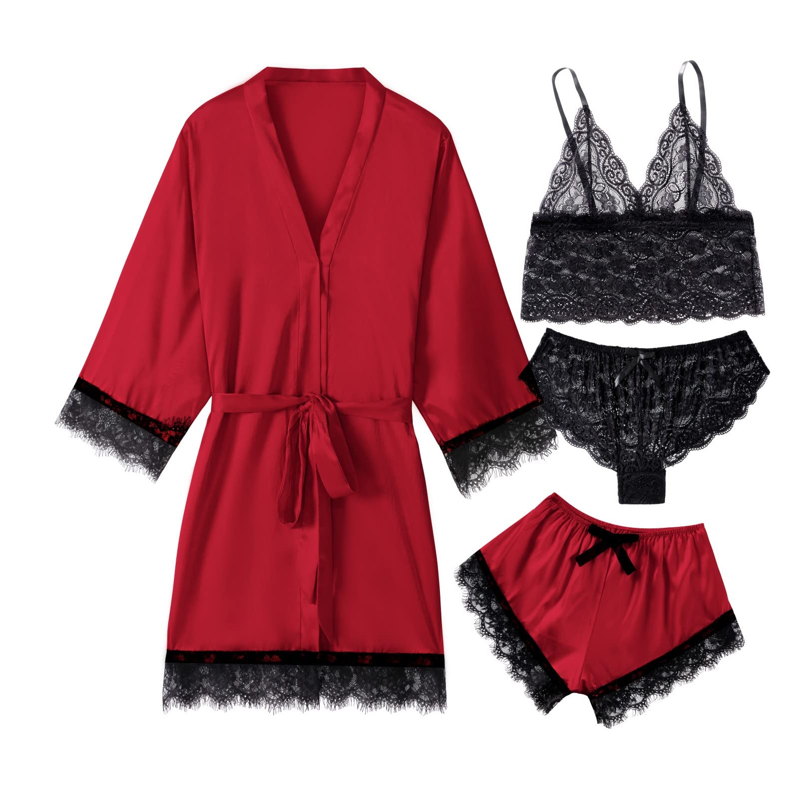 SHBVMPO Women satin pajamas set 4pcs Sexy Lingerie Set Silk Sleepwear with Robe Red