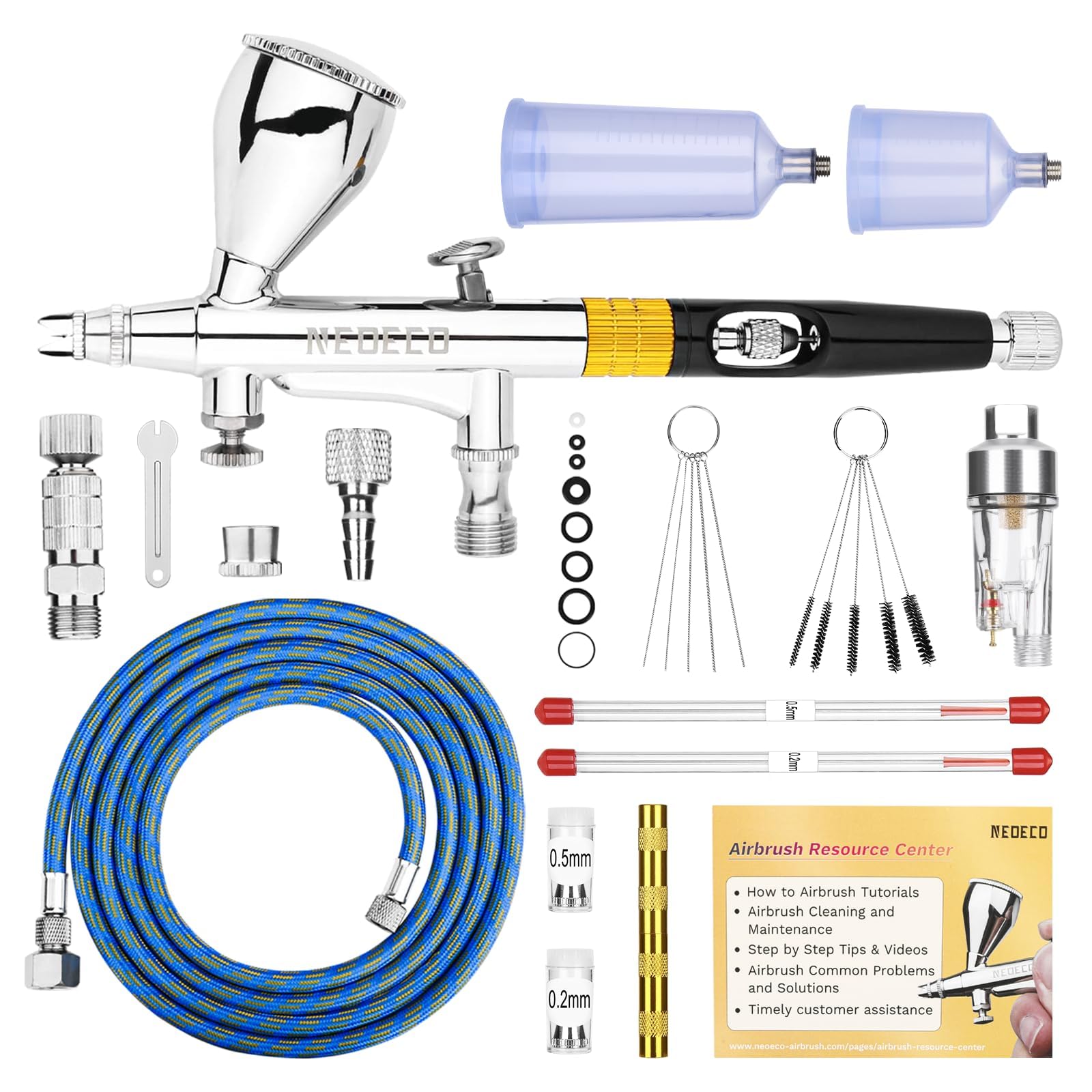 NEOECO Multi-Purpose Airbrush Kit, Dual-Action Gravity Feed Air Brush Sets with with Crown Nozzle, 9cc 20cc 40cc Cup, 0.2, 0.3 & 0.5mm Needles for Makeup Nail Art Shoes Tattoo Cake Toy Model(Black)