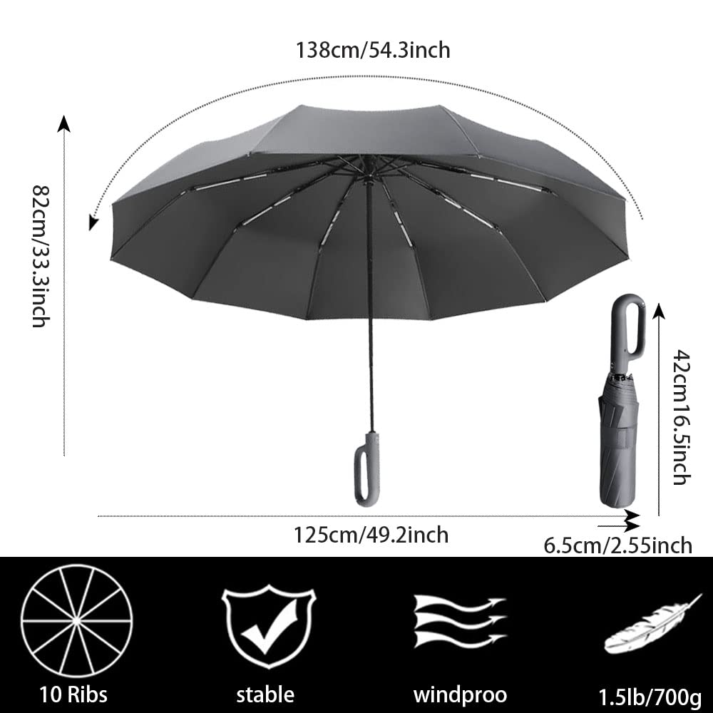 Extra Large Windproof Travel Folding Compact Golf 54ββ Umbrella Automatic Open/Close,Lightweight Portable Parasol Outdoor,Sun/Rain,99 UV Protection,Perfect Carabiner Handle Design(Grey)