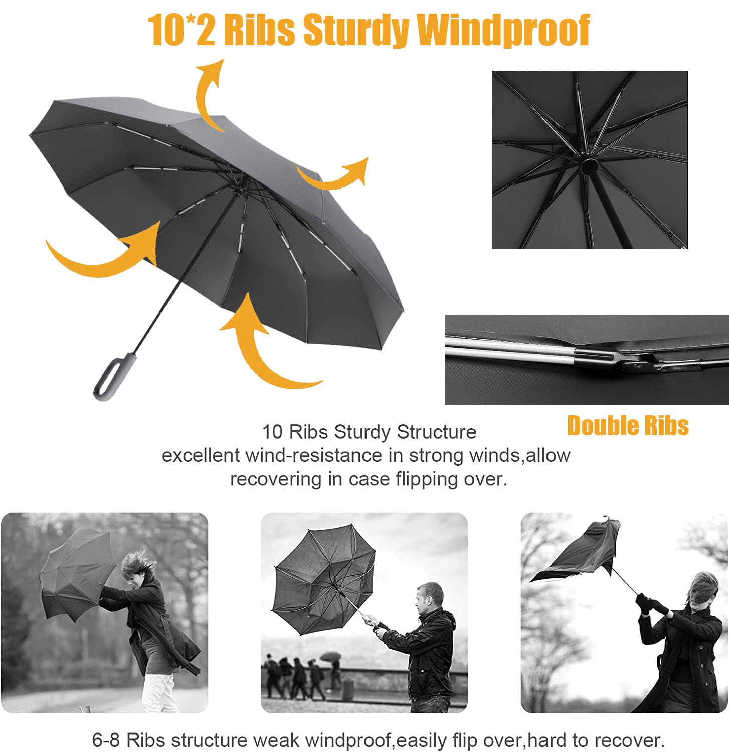 Extra Large Windproof Travel Folding Compact Golf 54ββ Umbrella Automatic Open/Close,Lightweight Portable Parasol Outdoor,Sun/Rain,99 UV Protection,Perfect Carabiner Handle Design(Grey)