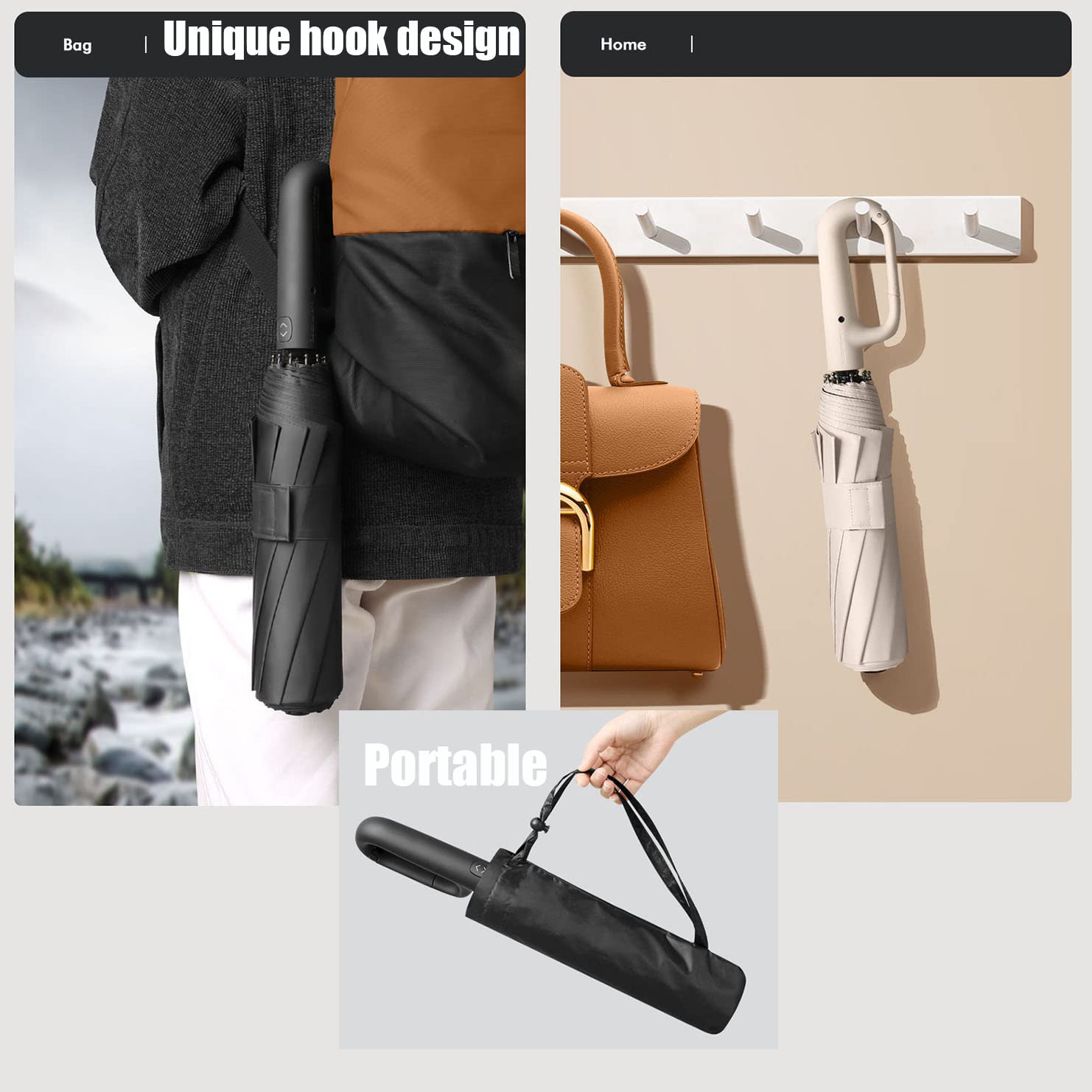 Extra Large Windproof Travel Folding Compact Golf 54ββ Umbrella Automatic Open/Close,Lightweight Portable Parasol Outdoor,Sun/Rain,99 UV Protection,Perfect Carabiner Handle Design(Grey)