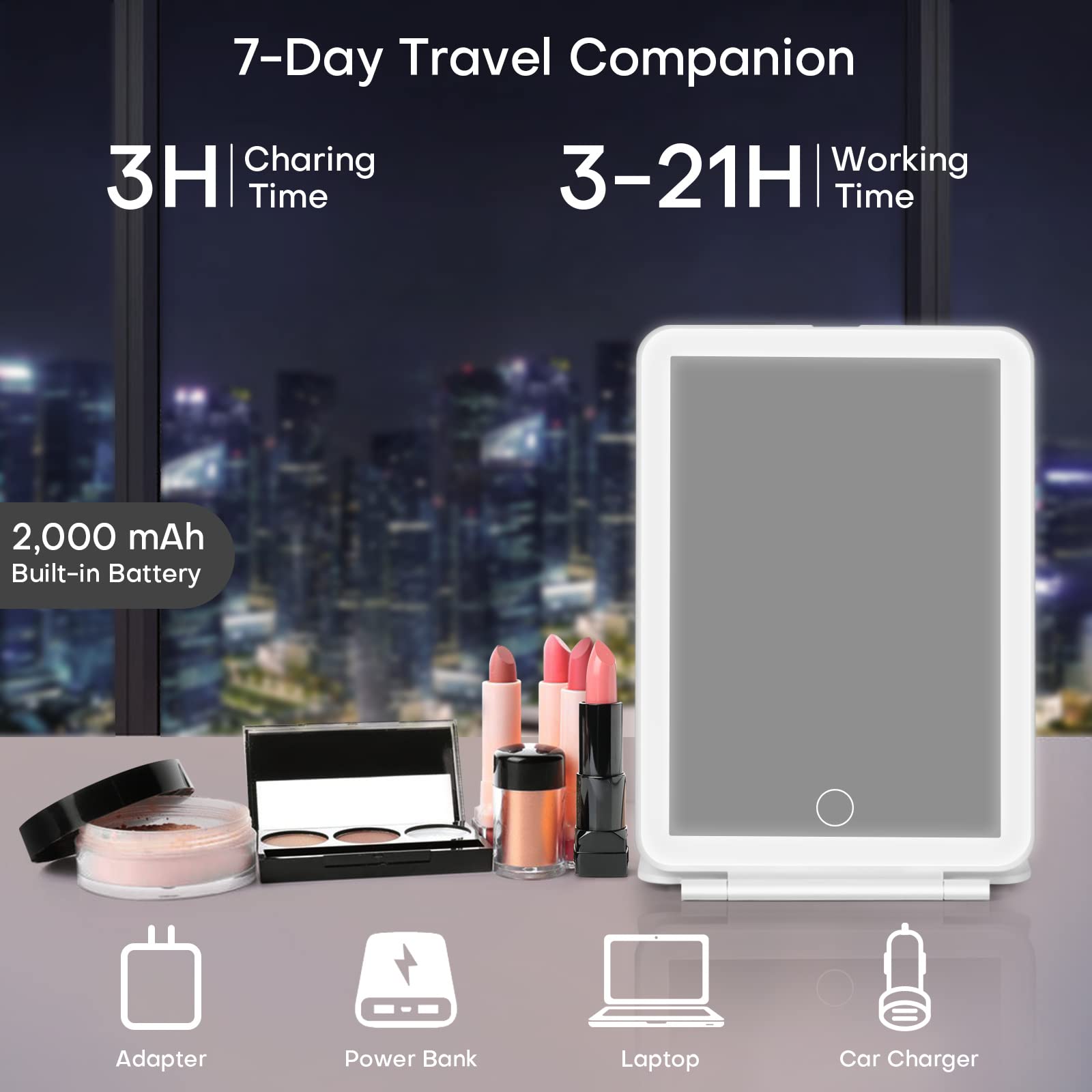 Tkaufen Travel Size Magnifying Lighting Mirror, 21Hours Battery Life, 5X/3X/1X Compact Hand Held Portable Foldable Makeup Cosmetic Mirror, Valentine's Day (White, 2 Fold)