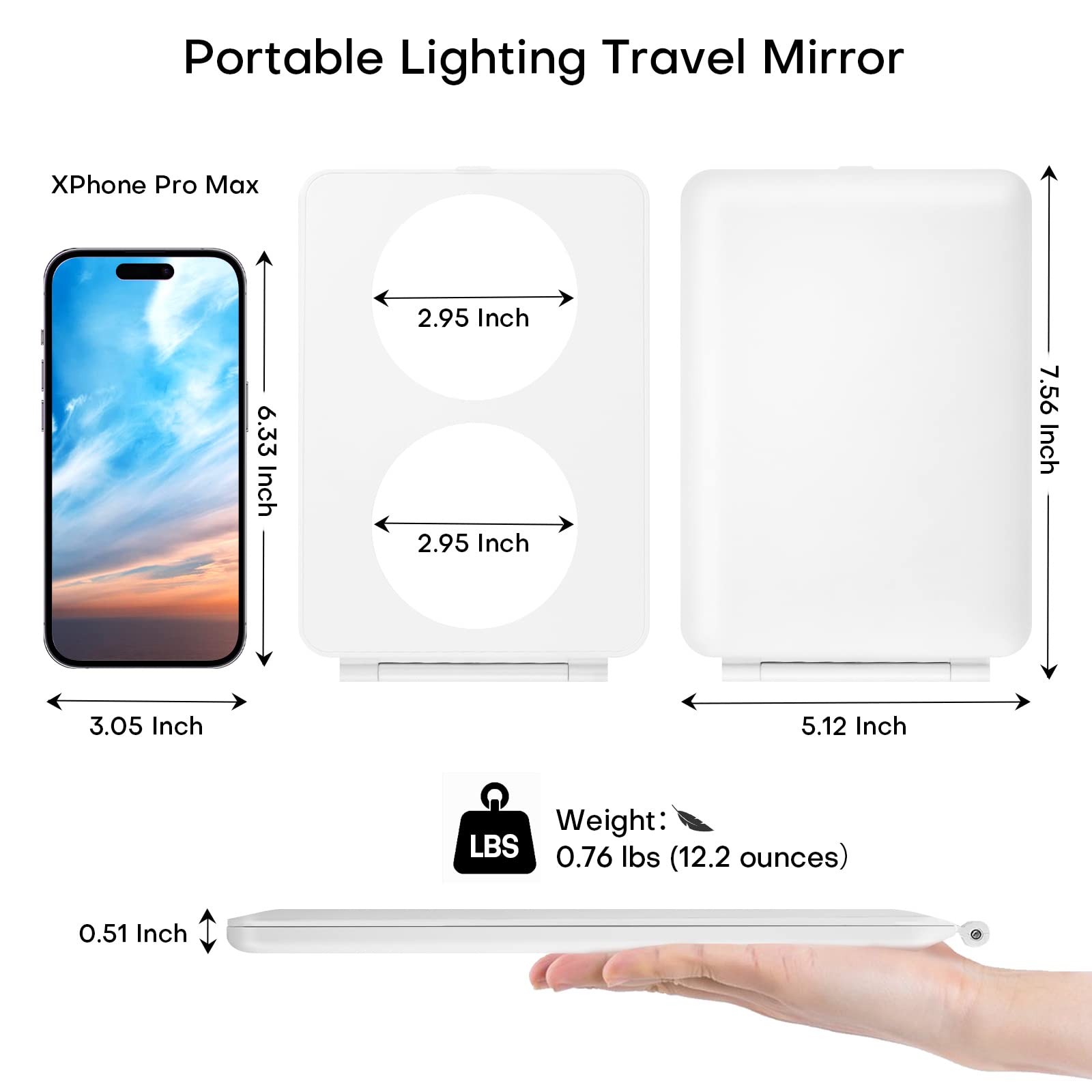 Tkaufen Travel Size Magnifying Lighting Mirror, 21Hours Battery Life, 5X/3X/1X Compact Hand Held Portable Foldable Makeup Cosmetic Mirror, Valentine's Day (White, 2 Fold)