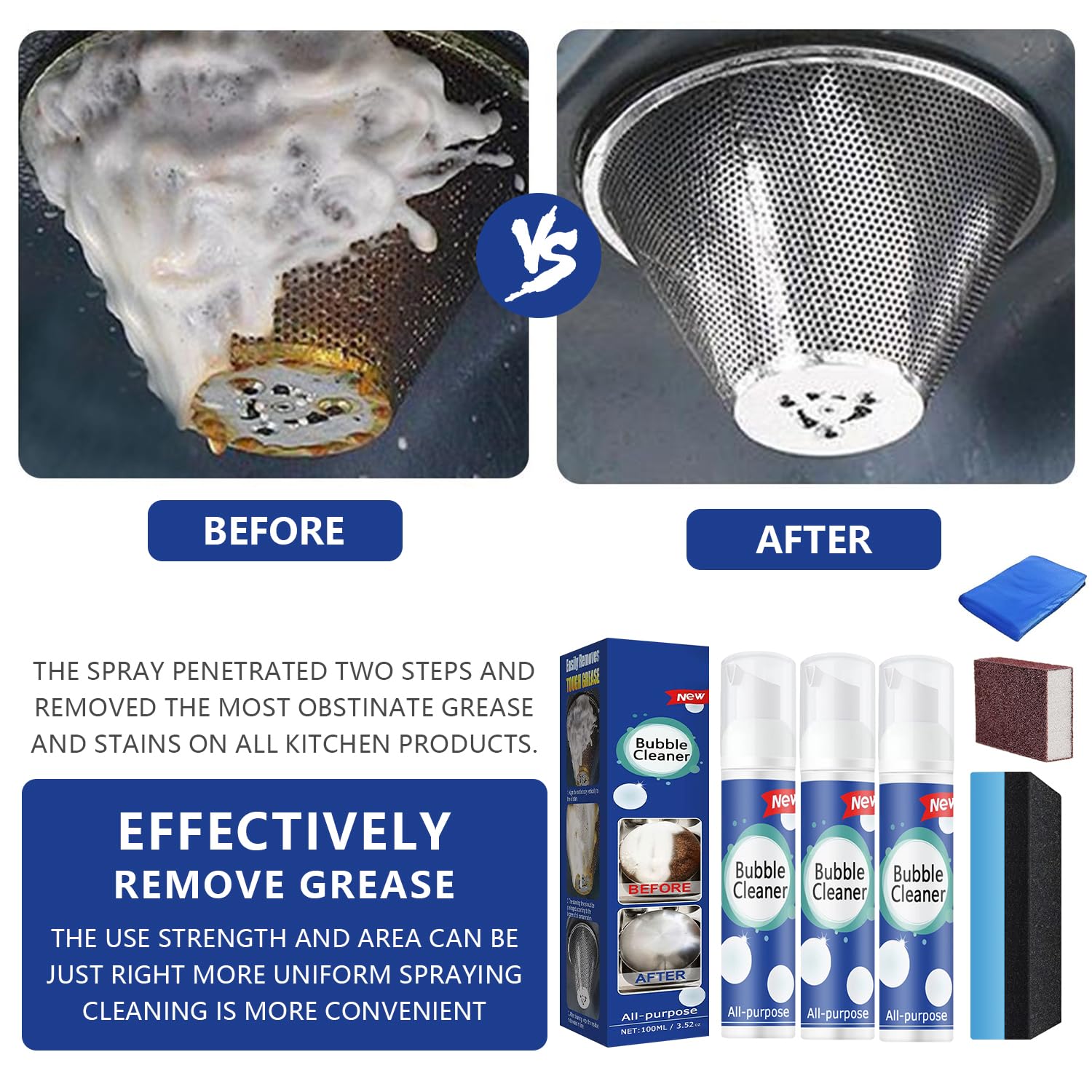 (100ML*3PCS) Bubble Cleaner Foam,Foaming Heavy Oil Stain Cleaner,All-Purpose Rinse-free Cleaner Spray,Kitchen Deep Cleaning Spray,Powerful Stain,Stubborn Grease & Grime Remover Bubble Spray