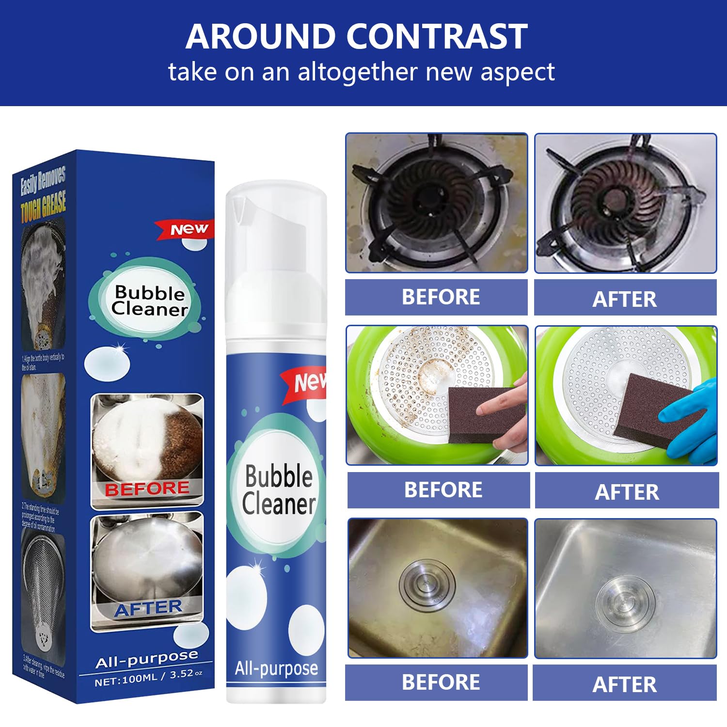 (100ML*3PCS) Bubble Cleaner Foam,Foaming Heavy Oil Stain Cleaner,All-Purpose Rinse-free Cleaner Spray,Kitchen Deep Cleaning Spray,Powerful Stain,Stubborn Grease & Grime Remover Bubble Spray