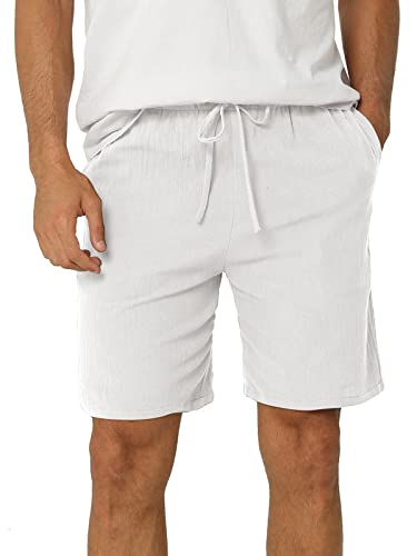 AUDATE Men's Shorts Linen Cotton Shorts Casual Summer Beach Shorts Waist Elastic Drawstring Shorts White XL