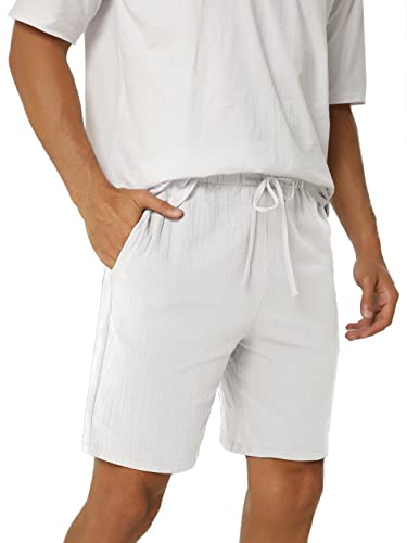 AUDATE Men's Shorts Linen Cotton Shorts Casual Summer Beach Shorts Waist Elastic Drawstring Shorts White XL