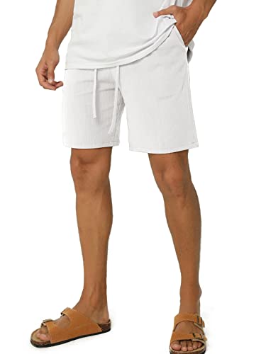 AUDATE Men's Shorts Linen Cotton Shorts Casual Summer Beach Shorts Waist Elastic Drawstring Shorts White XL