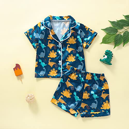 Qiylii Toddler Baby Boy Silk Pajamas Cow/Dinosaur Satin Pajamas Set Short Sleeve Button-Up Top Shorts 2PC PJs Summer (as1, age, 5_years, Blue)