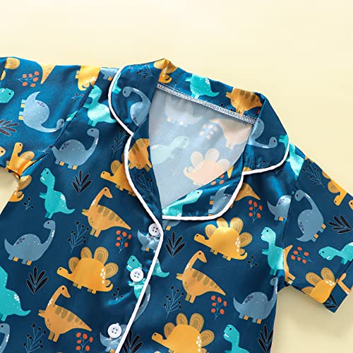 Qiylii Toddler Baby Boy Silk Pajamas Cow/Dinosaur Satin Pajamas Set Short Sleeve Button-Up Top Shorts 2PC PJs Summer (as1, age, 5_years, Blue)