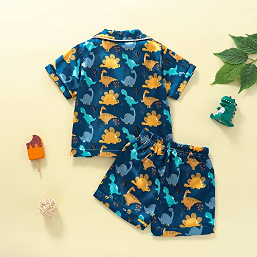 Qiylii Toddler Baby Boy Silk Pajamas Cow/Dinosaur Satin Pajamas Set Short Sleeve Button-Up Top Shorts 2PC PJs Summer (as1, age, 5_years, Blue)