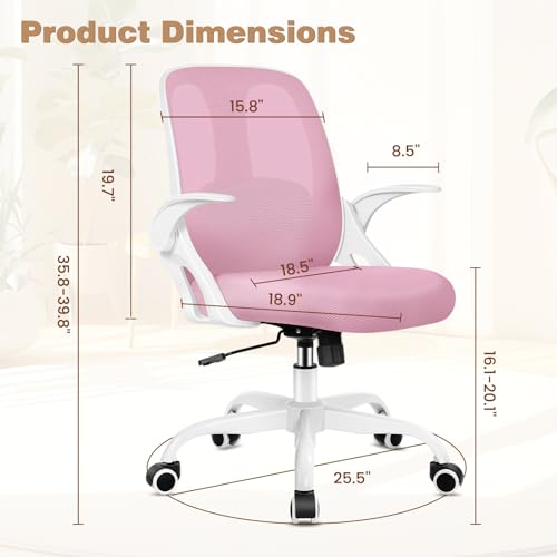 Razzor Office Chair, Ergonomic Computer Desk Chair with Lumbar Support, Breathable Mesh Rolling Swivel Task Chair with Flip-up Armrest and Adjustable Height for Home Office - Pink