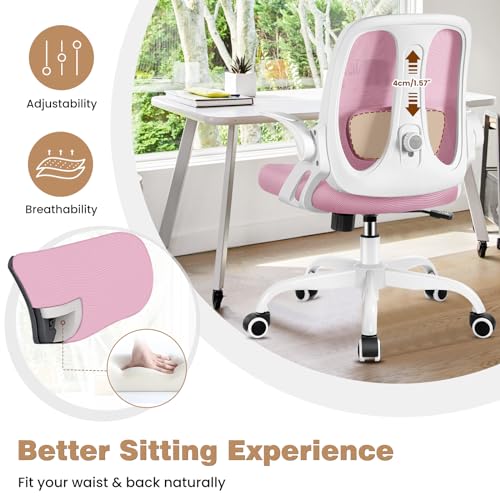 Razzor Office Chair, Ergonomic Computer Desk Chair with Lumbar Support, Breathable Mesh Rolling Swivel Task Chair with Flip-up Armrest and Adjustable Height for Home Office - Pink