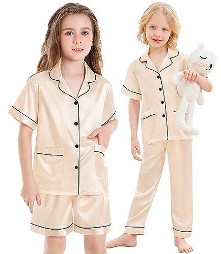 SWOMOG Kids Satin Pajamas Set 3Pcs Girls Boy Silk Pjs Set with 2 Pockets Short Sleeve Cute Button Down Sleepwear 4T-13T Champagne