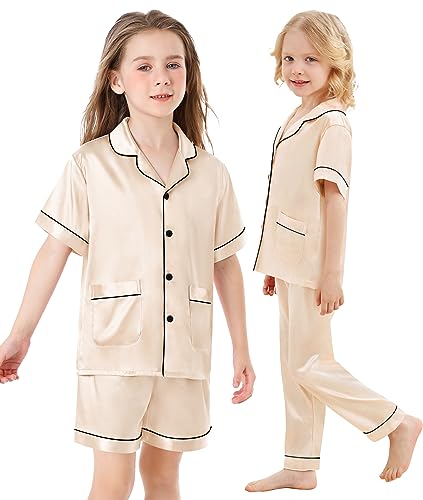 SWOMOG Kids Satin Pajamas Set 3Pcs Girls Boy Silk Pjs Set with 2 Pockets Short Sleeve Cute Button Down Sleepwear 4T-13T Champagne