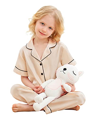 SWOMOG Kids Satin Pajamas Set 3Pcs Girls Boy Silk Pjs Set with 2 Pockets Short Sleeve Cute Button Down Sleepwear 4T-13T Champagne