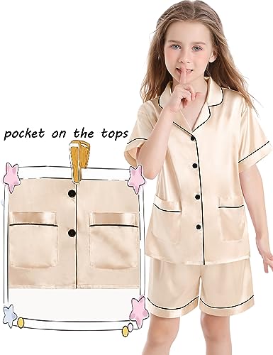 SWOMOG Kids Satin Pajamas Set 3Pcs Girls Boy Silk Pjs Set with 2 Pockets Short Sleeve Cute Button Down Sleepwear 4T-13T Champagne