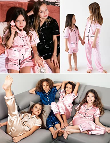 SWOMOG Kids Satin Pajamas Set 3Pcs Girls Boy Silk Pjs Set with 2 Pockets Short Sleeve Cute Button Down Sleepwear 4T-13T Champagne