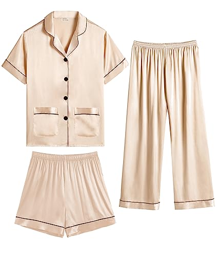 SWOMOG Kids Satin Pajamas Set 3Pcs Girls Boy Silk Pjs Set with 2 Pockets Short Sleeve Cute Button Down Sleepwear 4T-13T Champagne