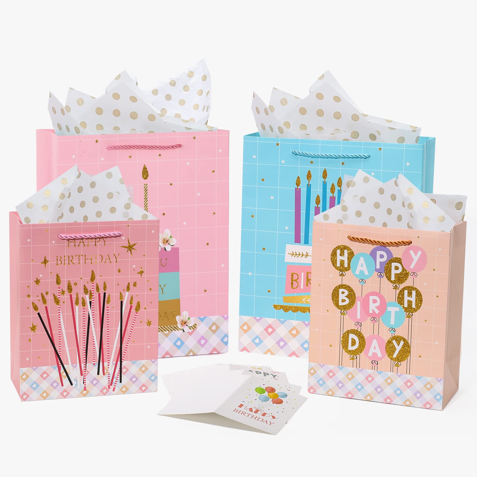 GonLei Birthday Gift Bag Assorted Sizes Happy Birthday Gift Bags for Kids Birthday Wrapping Paper Bags with Tissue Paper Card Handles for Girls Boys（4Bags 2Size: Medium 9” Large 12.6”）
