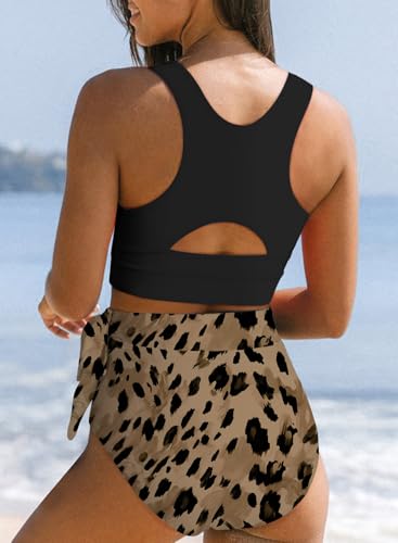 Dokotoo Womens Summer Bikini Fashion Leopard Print Scoop Neck Cutout 2025 Racerback 2 Piece Swimsuit Tie Knot Tummy Control High Waisted Bathing Suits Multicolored Medium